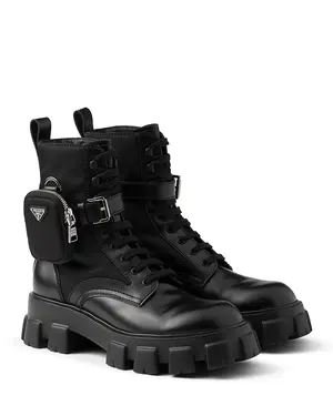 Prada Monolith Brushed Leather And Re-nylon Combat Boots With Pouch - Black