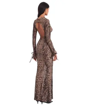 Waylynn Nude Black Animal Print Burnout Velvet Detail Mesh Backless Maxi Dress - S / US 4-6