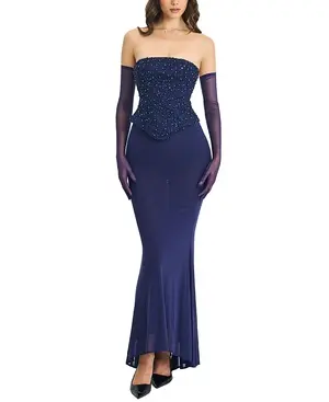 MISS CIRCLE NEW YORK Orabelle Beaded Peplum Mermaid Gown With Lace-up Back - Navy