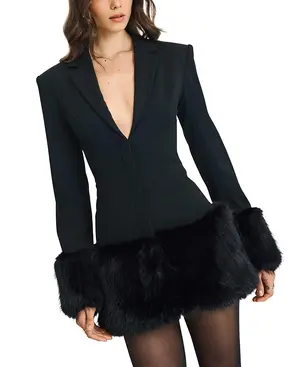 MISS CIRCLE NEW YORK Fur Trimmed Mini Blazer Dress - Black