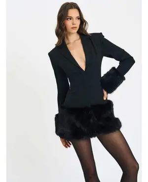 MISS CIRCLE NEW YORK Fur Trimmed Mini Blazer Dress