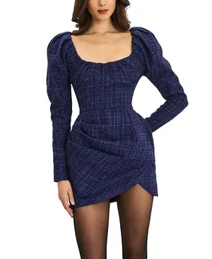 MISS CIRCLE NEW YORK Denise Tweed Ruched Puff Sleeve Mini Dress