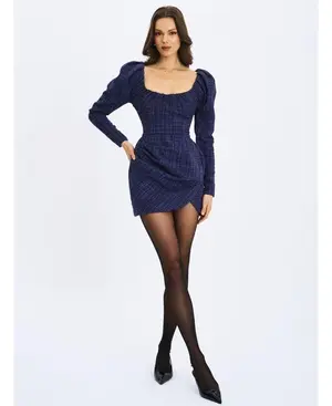 MISS CIRCLE NEW YORK Denise Tweed Ruched Puff Sleeve Mini Dress