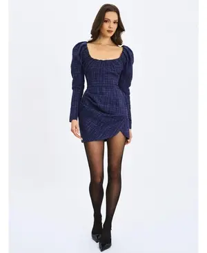MISS CIRCLE NEW YORK Denise Tweed Ruched Puff Sleeve Mini Dress