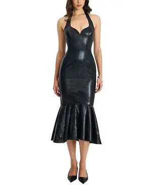 MISS CIRCLE NEW YORK Gardenia Faux Leather Flared Midi Dress - Black