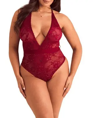 ADORE ME Lace Plunge Bodysuit With Ribbon Belt - Dark Red