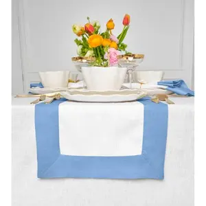 SOLINO HOME Linen Table Runnercontempo Cornflower Blue And White