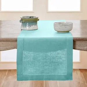 SOLINO HOME Linen Table Runnerclassic Hemstitch Aqua Blue