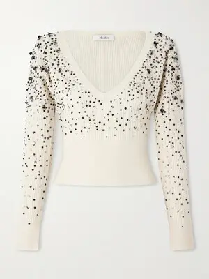 Max Mara Cropped Embellished Ribbed Wool-blend Sweater - Ivory