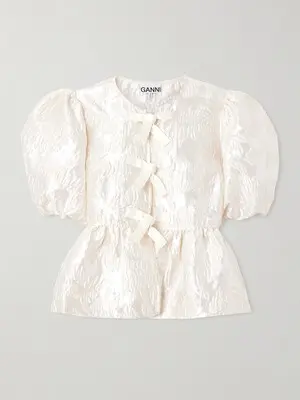 GANNI Bow-detailed Cloqué Peplum Blouse