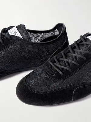 JIMMY CHOO Leather-trimmed Suede And Lace Sneakers - Black