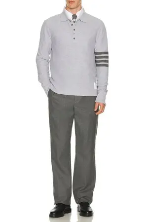 Thom Browne Long Sleeve Pique Polo In Grey - Pale Grey