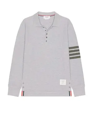 Thom Browne Long Sleeve Pique Polo In Grey - Pale Grey