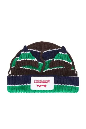 CHARLES JEFFREY Chunky Ears Beanie - Green  Navy  & Brown Stripe