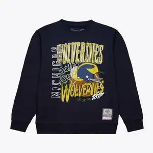 Mitchell & Ness Michigan Wolverines Half Time Fleece Crewneck Sweatshirt - Navy
