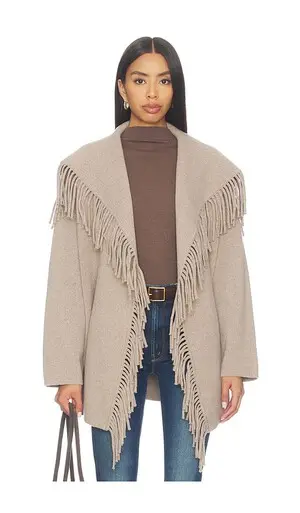 Naadam Wool Tie Waist Fringe Coat - Timber