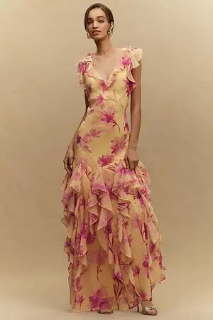 Bhldn Charlotte Chiffon Ruffle Maxi Dress - Lemon Watercolor