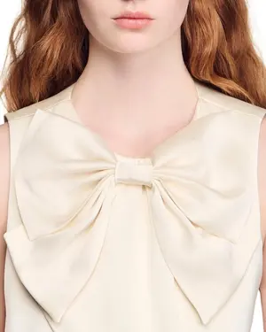 Sandro Satin Bow Crop Top - Ecru