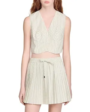 Sandro Striped Rhinestone Embellished Crop Top - Ecru