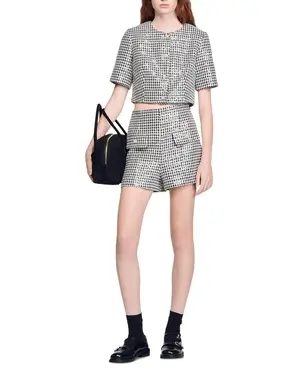 Sandro Sequin Houndstooth Tweed Shorts