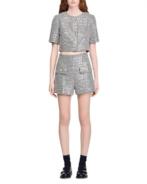 Sandro Sequin Houndstooth Tweed Shorts