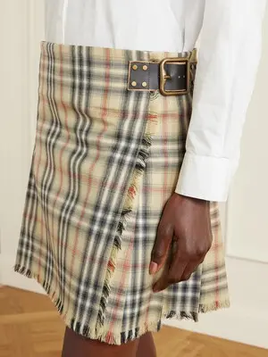 Burberry Leather-trimmed Pleated Checked Wool Mini Skirt - Neutrals