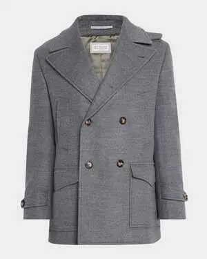 Brunello Cucinelli Wool Double-Breasted Peacoat With Maxi Lapels - Light Grey