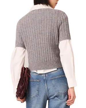 Maje Beaded Collar Ribbed Sweater - Grey