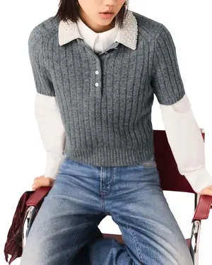 Maje Beaded Collar Ribbed Sweater - Grey