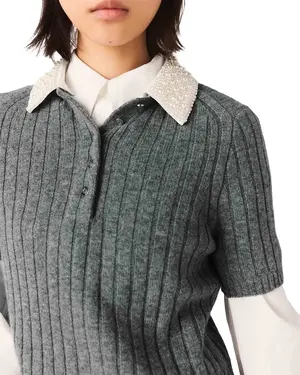 Maje Beaded Collar Ribbed Sweater - Grey