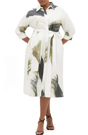 City Chic Belted Brushstroke Print Shirtdress - Muse Ivory
