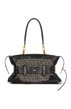 Balmain Leather And Monogram Jacquard Anthem Bag - Black