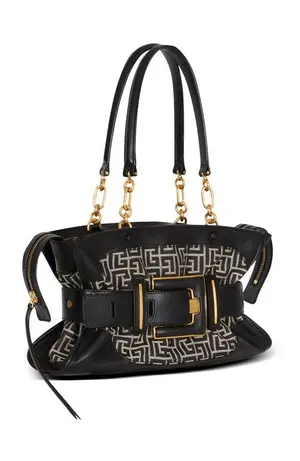 Balmain Leather And Monogram Jacquard Anthem Bag - Black