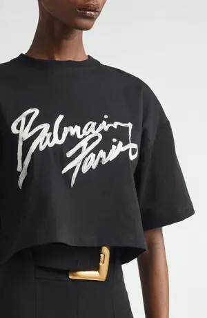 Balmain Paris Brush Print Crop T-shirt - Black/white