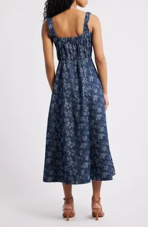 Moon River Floral Denim Midi Dress