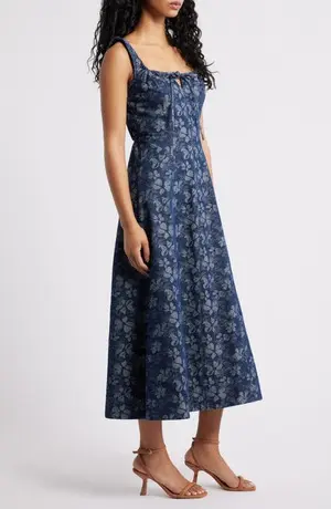 Moon River Floral Denim Midi Dress