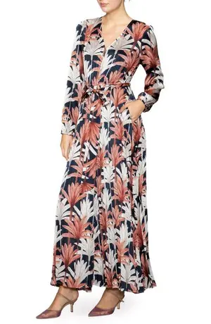 MELLODAY Botanical Pleated Maxi Dress With Tie Waist