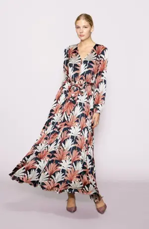 MELLODAY Botanical Pleated Maxi Dress With Tie Waist