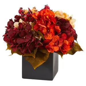 NEARLY NATURAL 12-in Autumn Hydrangea Berry Artificial Arrangement In Black Vase - Burgundy