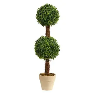 NEARLY NATURAL 28-in Boxwood Double Ball Topiary Artificial Tree - Green