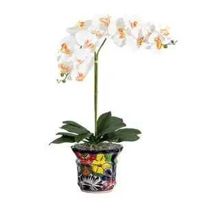 NEARLY NATURAL 26-in Artificial Double Orchid Arrangement In Handmade Mexican Talavera Ceramic Planter - Green