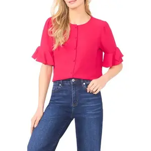 CECE DUPRAZ Bow Sleeve Button-up Top - Rose Cerise