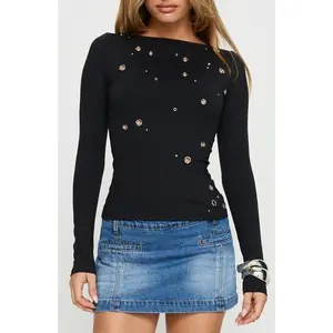 Princess Polly Eyelet Long Sleeve Top - Black