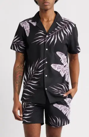 MAVRANS Tonal Jungle Print Short Sleeve Performance Camp Shirt - Black