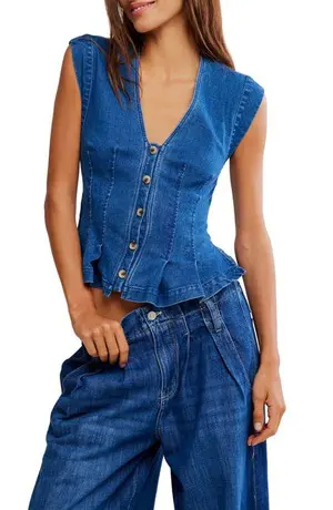 Free People Dylan Denim Waistcoat Top - Medium Blue