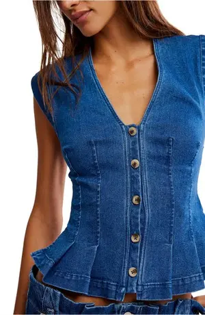 Free People Dylan Denim Waistcoat Top - Medium Blue
