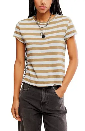Free People Nora Stripe Linen & Cotton T-shirt - Mocha Combo