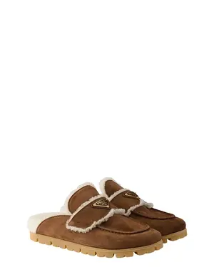 Prada Suede And Shearling Mules - Brown