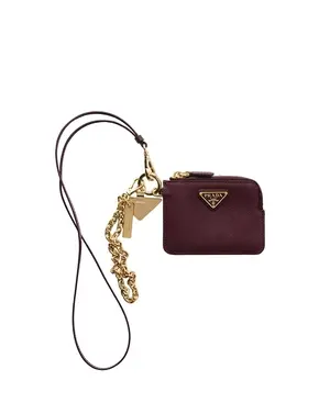 Prada Saffiano Leather Card Holder With Shoulder Strap - Burgundy