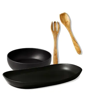 GHARYAN STONEWARE Serving Platter, Bowl & Olive Wood Servers, Set Of 4 - Matte Black
